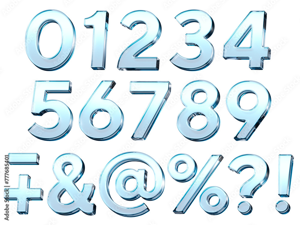 Translucent numbers and signs made of blue glass on transparent ...