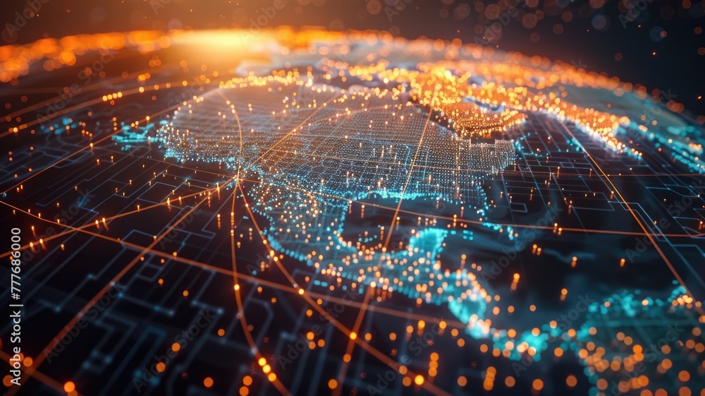 global map with glowing lines and nodes illustrating an international ...