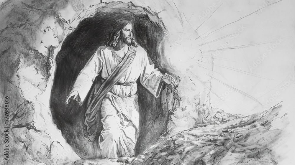 A sketch of Jesus Christ at the moment of the resurrection. A pencil ...