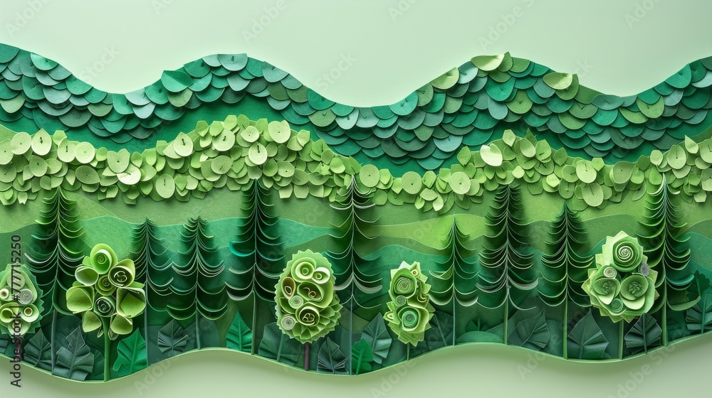 quilling art landscape of a reforestation area, showing young trees and ...