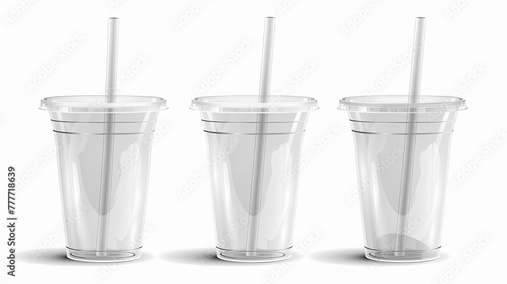 Vector realistic 3d empty clear plastic disposable cup with a straw set closeup isolated on ...