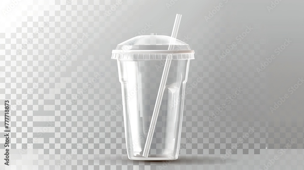 Vector realistic 3d empty clear plastic disposable cup with a straw closeup isolated on ...