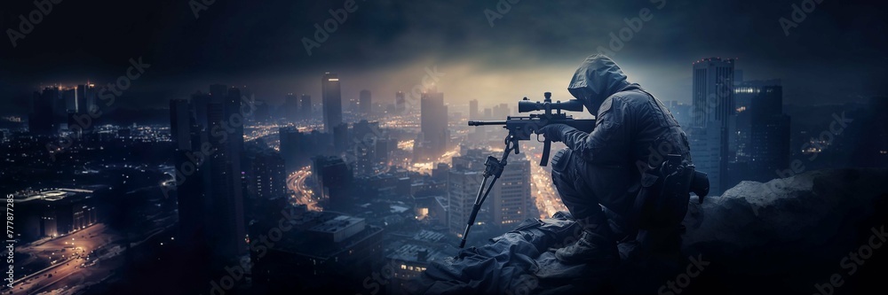 war conflict sniper shooter holding sniper or assault rifle with zoom ...