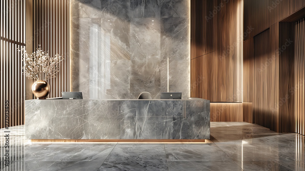 Luxurious reception desk interior room with natural stone marble tiles ...