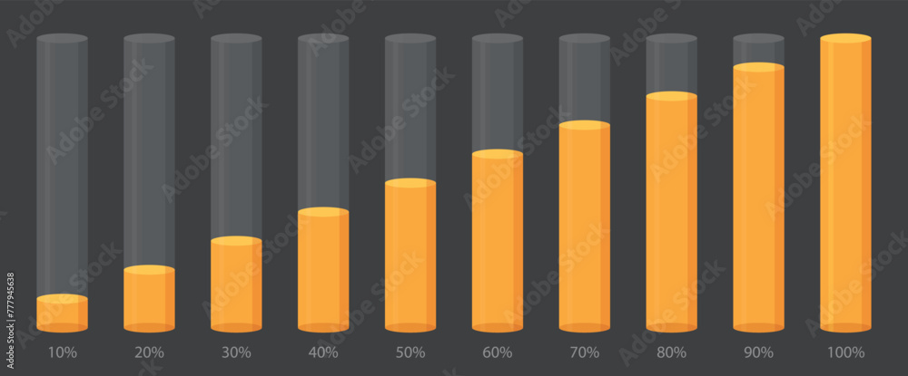 Bright yellow round slim chart bars template, clear 10%-100% infograph ...