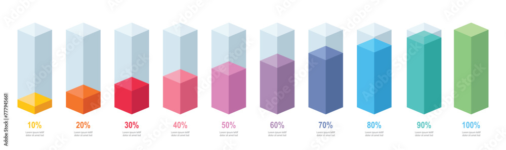 Colorful gradient chart bars template, 10% to 100% number text. Flat ...