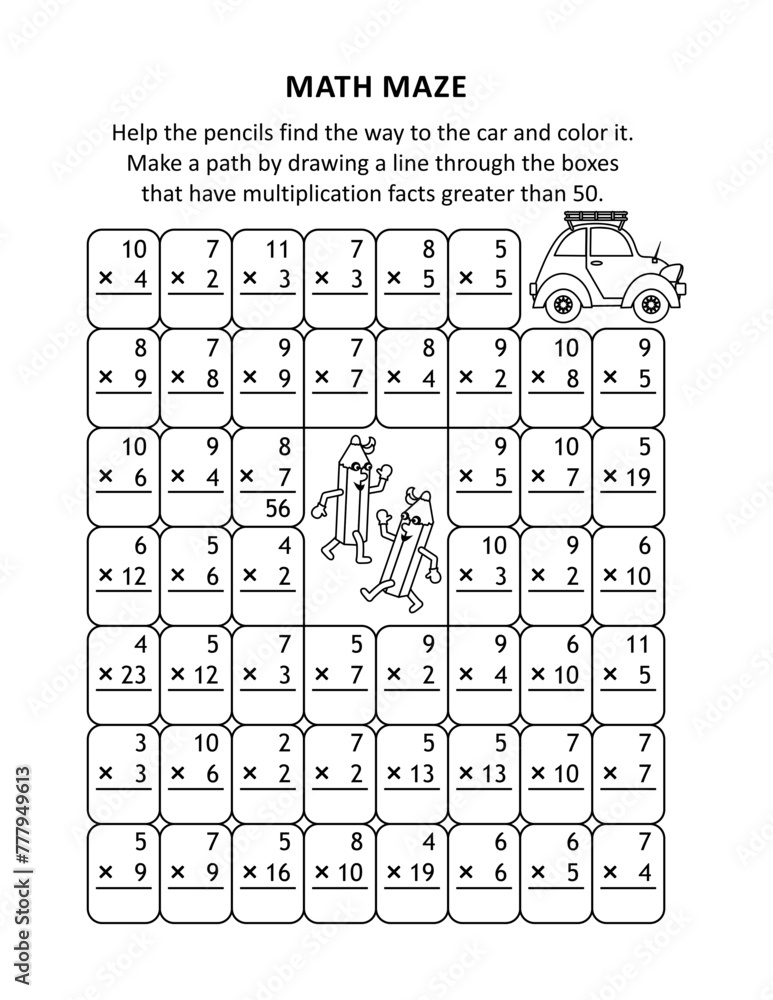 Math maze. Make a path by drawing a line through the boxes that have ...