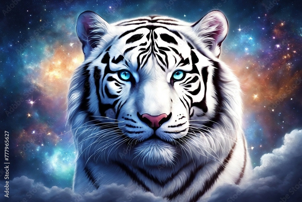 A close-up of a majestic white tiger with piercing blue eyes, on a ...