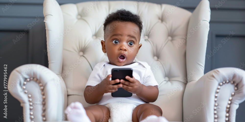 African-American baby toddler kid holding mobile smartphone with ...