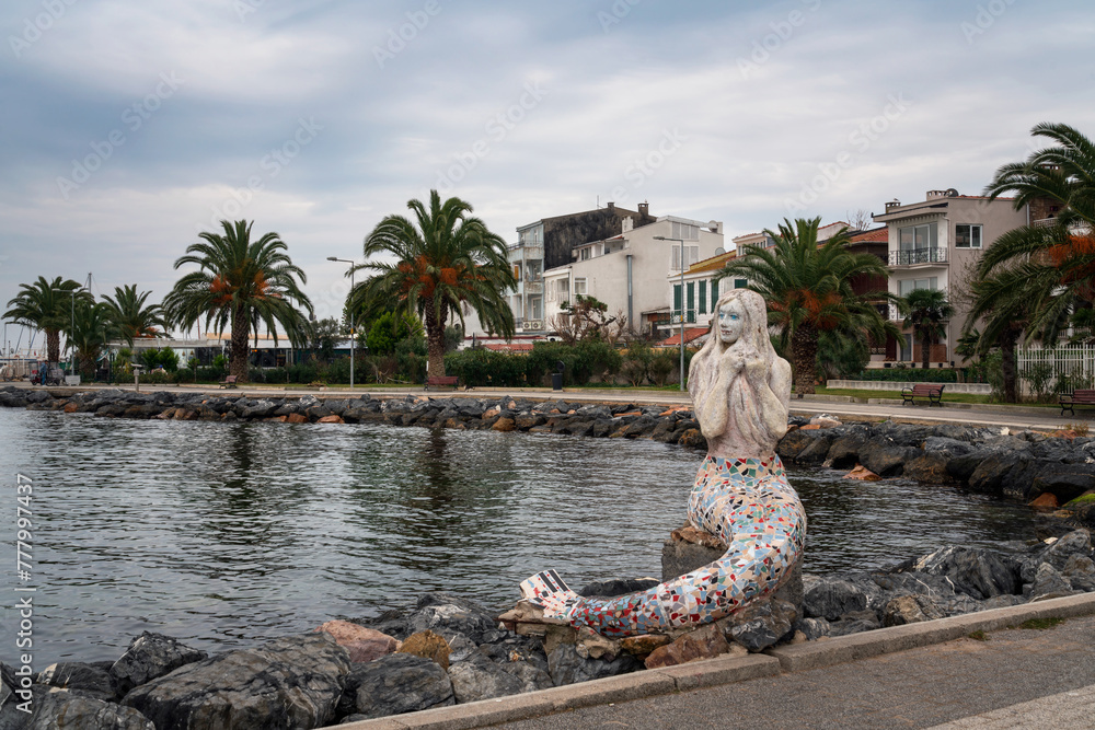 Mosaic sculpture of a mermaid on the promenade along the Marmara Sea on ...