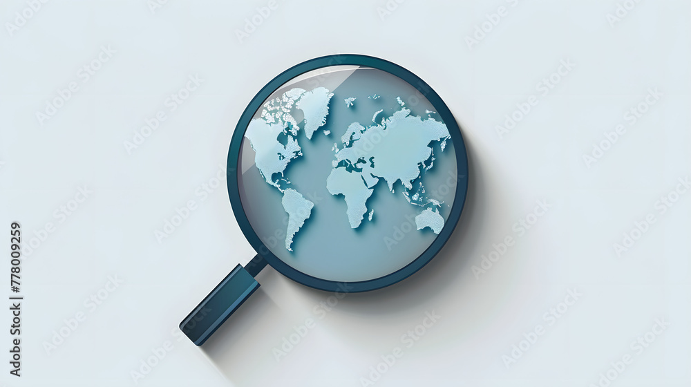 Vector illustration of magnifying glass with world map inside Stock ...