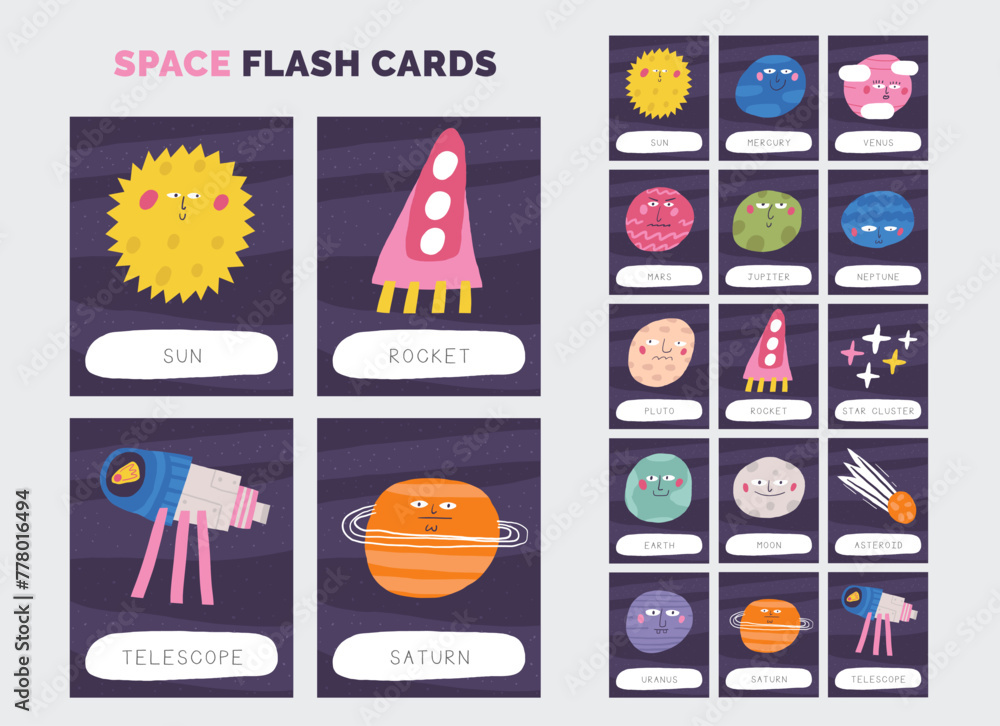 Learn space flashcard set. Learning English words for kids. Cute hand ...