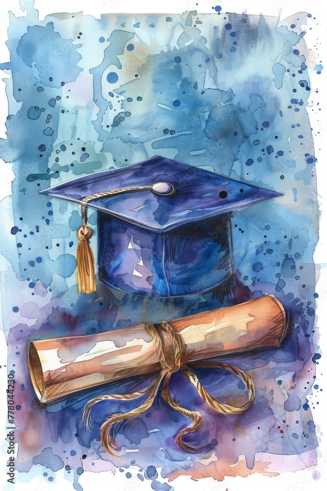 Watercolor graduation cap and diploma frame for graduation cards, Stock ...