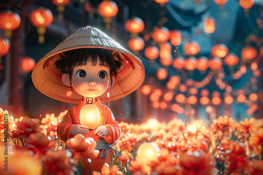 A 3D guide with flowing rice noodle locks, lantern aglow, amidst the ...