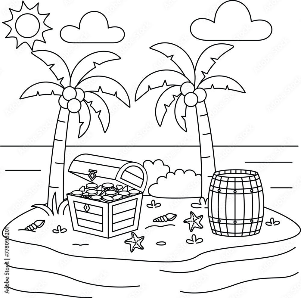 Cute Island with Treasure Chest and Barrel coloring page, vector ...