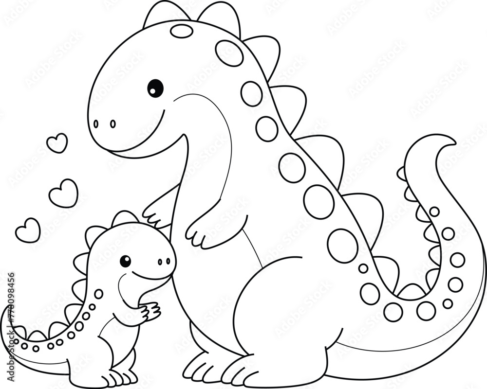 Cute kawaii cartoon character coloring page with Dinosaur mom and baby ...