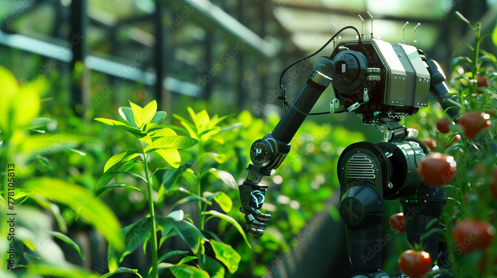 "Robotic Harvest Precision" n a greenhouse, a robotic arm gently tends ...
