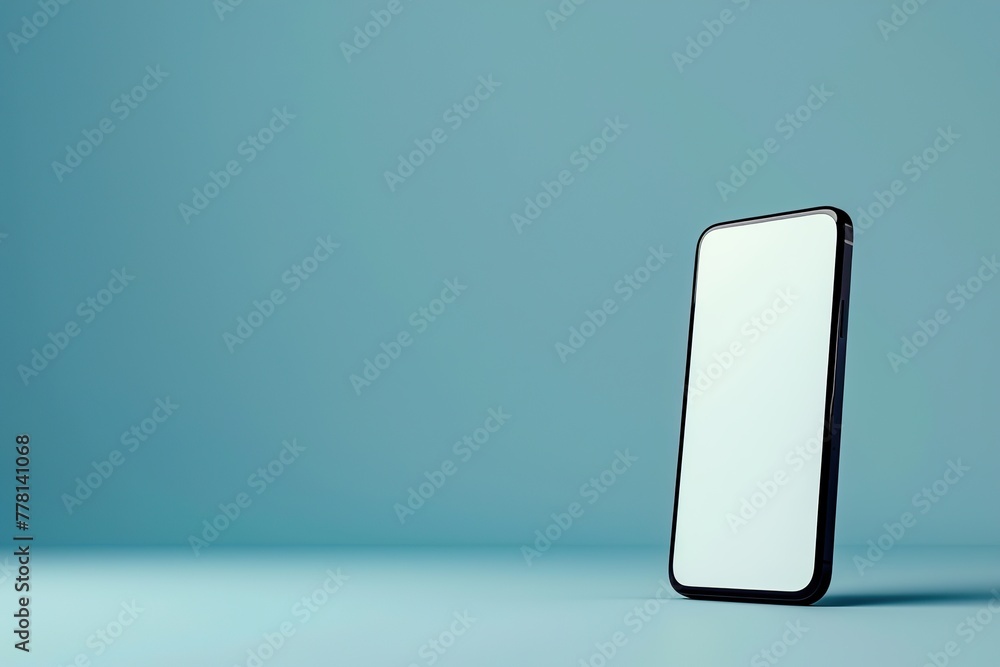 Phone with vertical white screen isolated light blue background. Mock ...