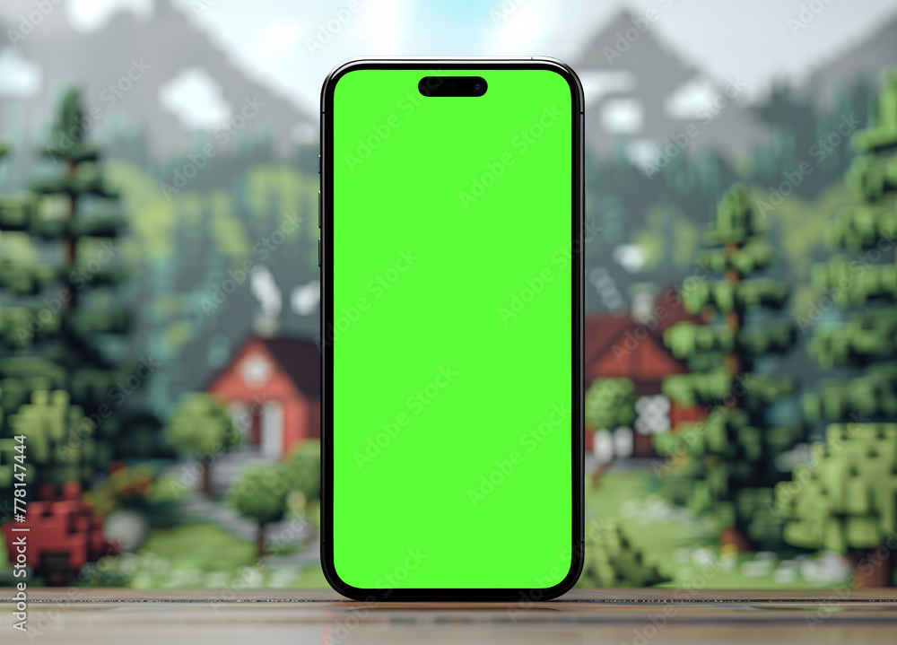 Smartphone with green screen on foreground, blurred mountain village ...