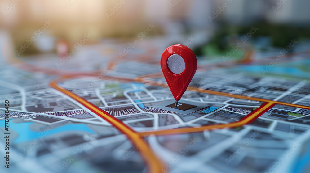 red pin point indicating a new location on a colorful map, navigation ...