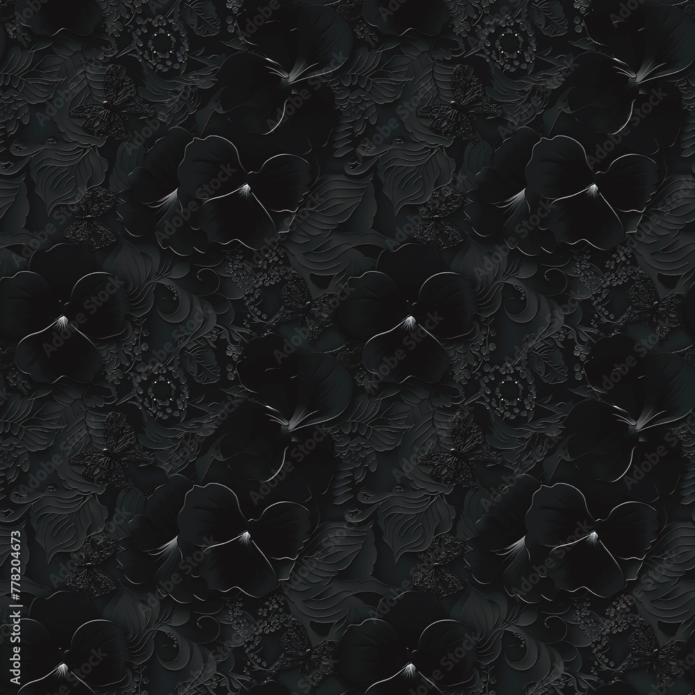 Black viola flower, butterfly, lace pattern, 3D viola leaves, very ...