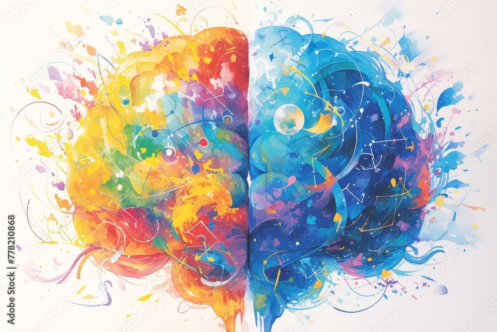 colorful brain with half of it being creative and colorful, the other ...