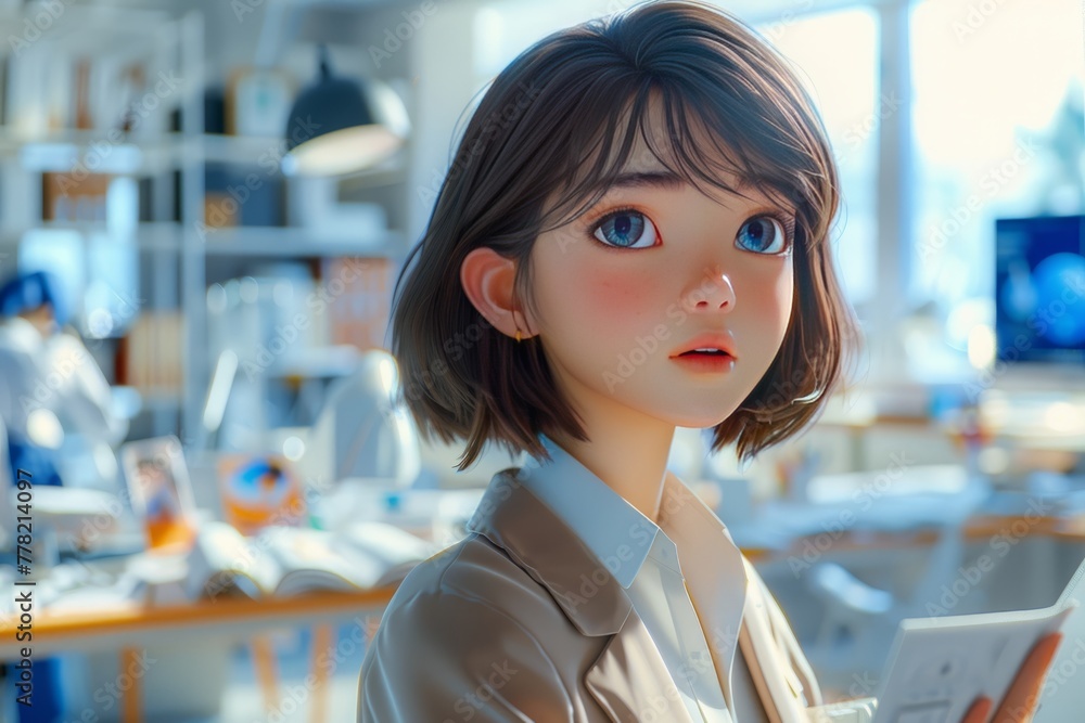 A style UI for a landing page, a anime girl real life girl with a ...