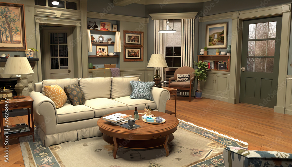 Sitcom Living Room Set: A cozy living room with a sofa, coffee table ...