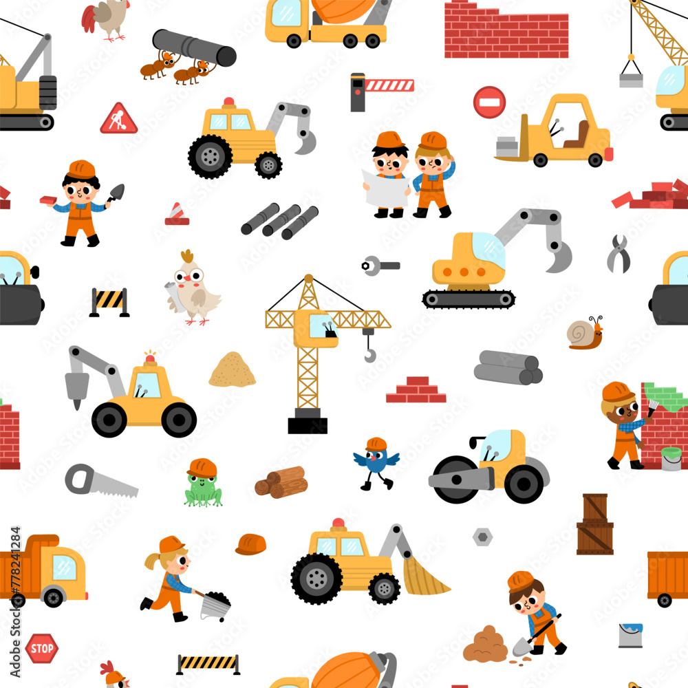 Big vector construction site, road work seamless pattern. Building ...