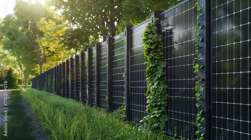 A vertical solar panel installation doubling as a fence, showcasing ...