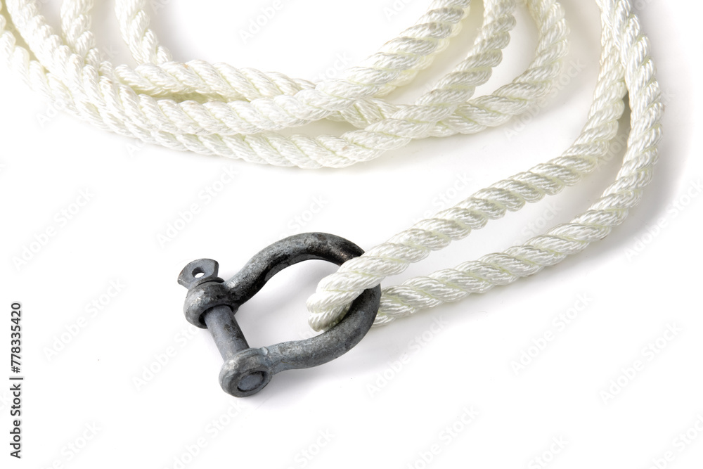 An old galvanized chain shackle and clevis pin connected to the bight ...