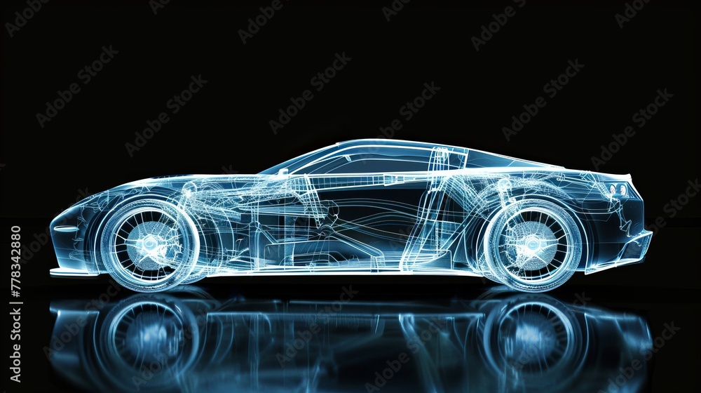 An X-ray rendering of a concept car on a black background with an ...