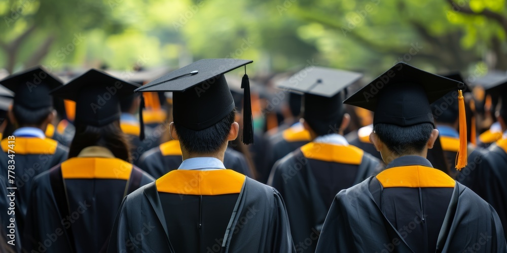 A group of graduates wearing black caps and gowns standing in a row ...