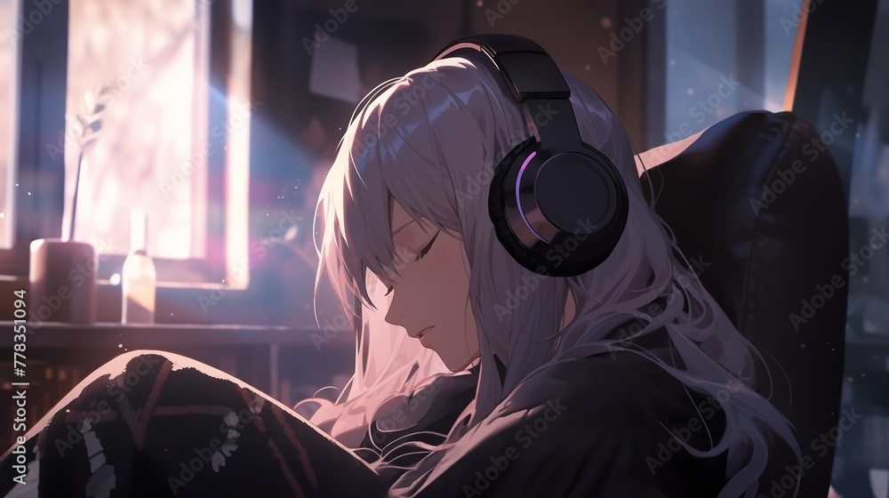 Anime girl immersed in lo-fi beats, large headphones, eyes closed ...
