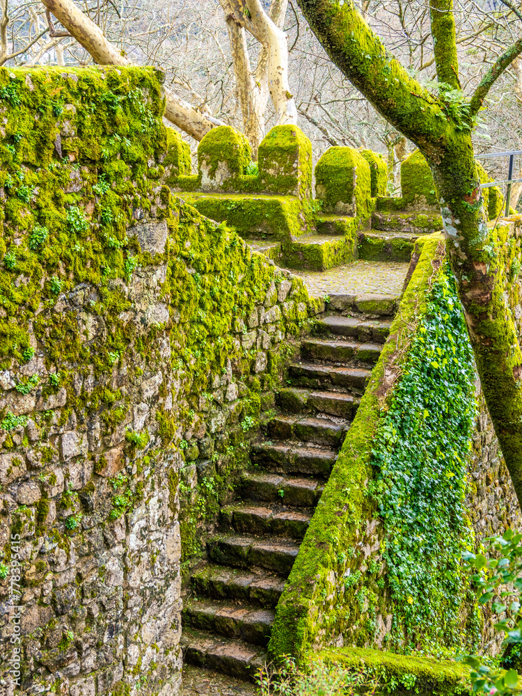 Walls of the towers of Moors Castle in Sintra, Portugal Stock Photo ...