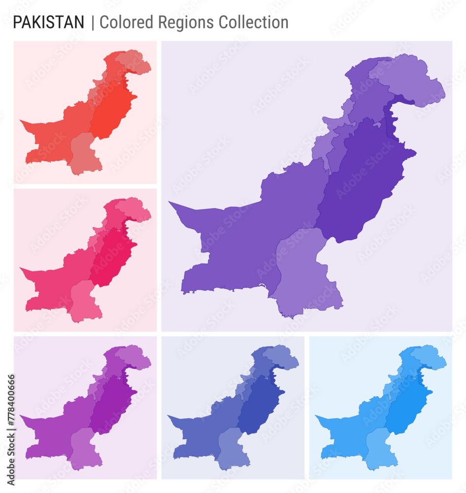 Pakistan map collection. Country shape with colored regions. Deep ...