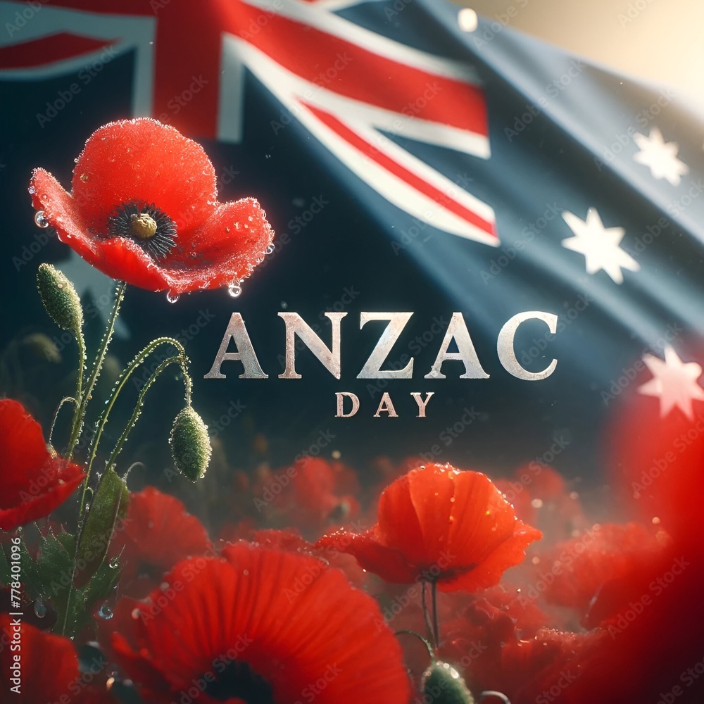 Wallpaper for anzac day with an australian flag and red poppies. Stock ...