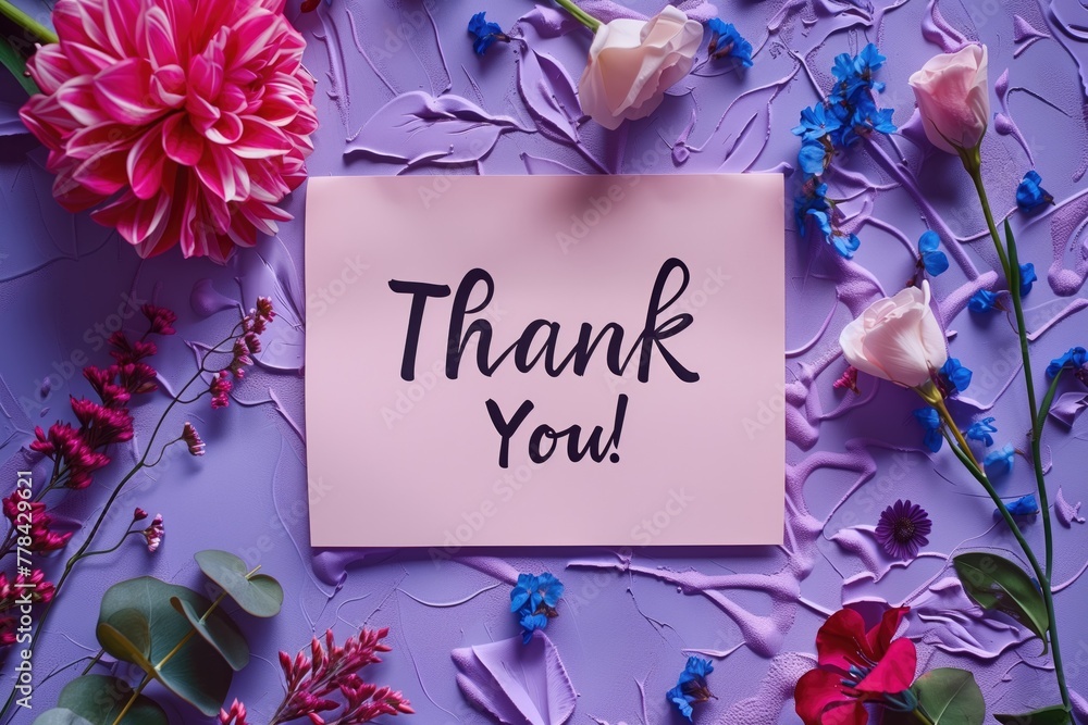 Colorful "Thank you!" note on purple background with flowers, top view ...