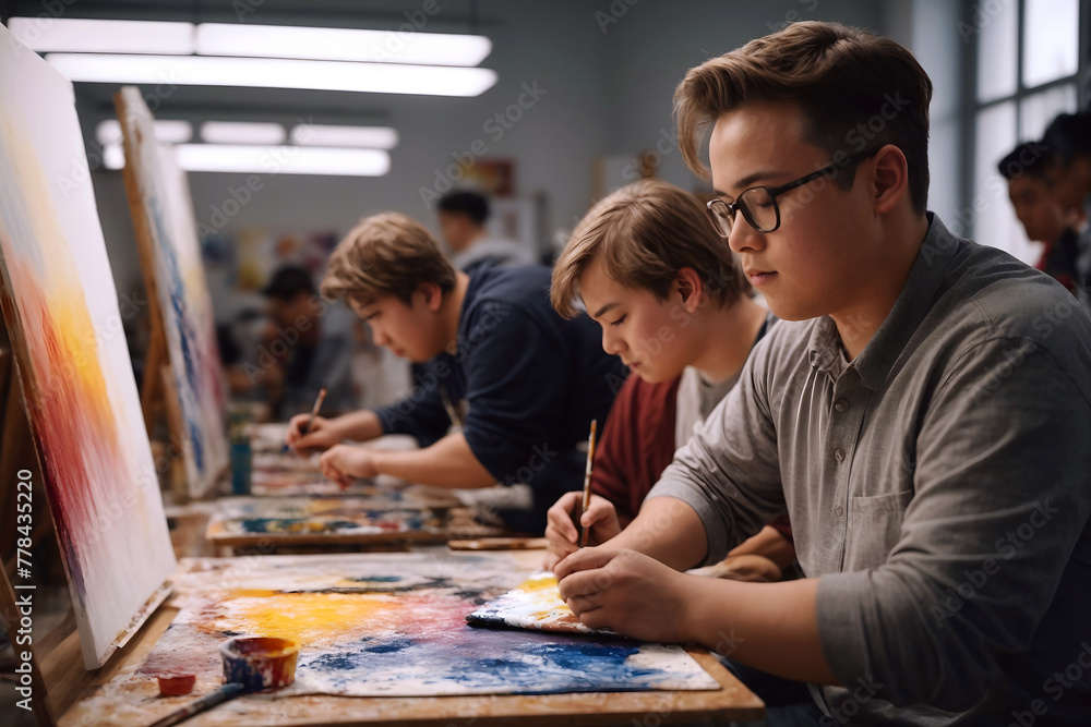 Young students painting in art class, male students doing art therapy ...