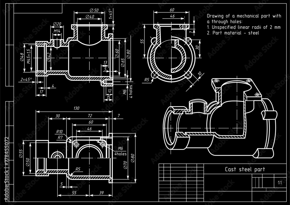 Vector mechanic drawing of a steel cast mechanical part with through ...