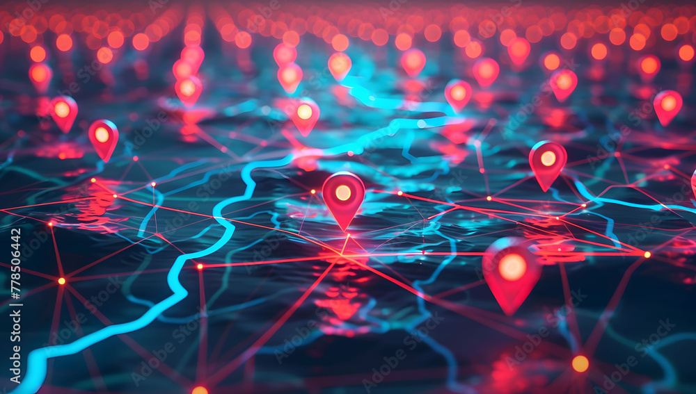 A digital map featuring interconnected location pins, symbolizing ...