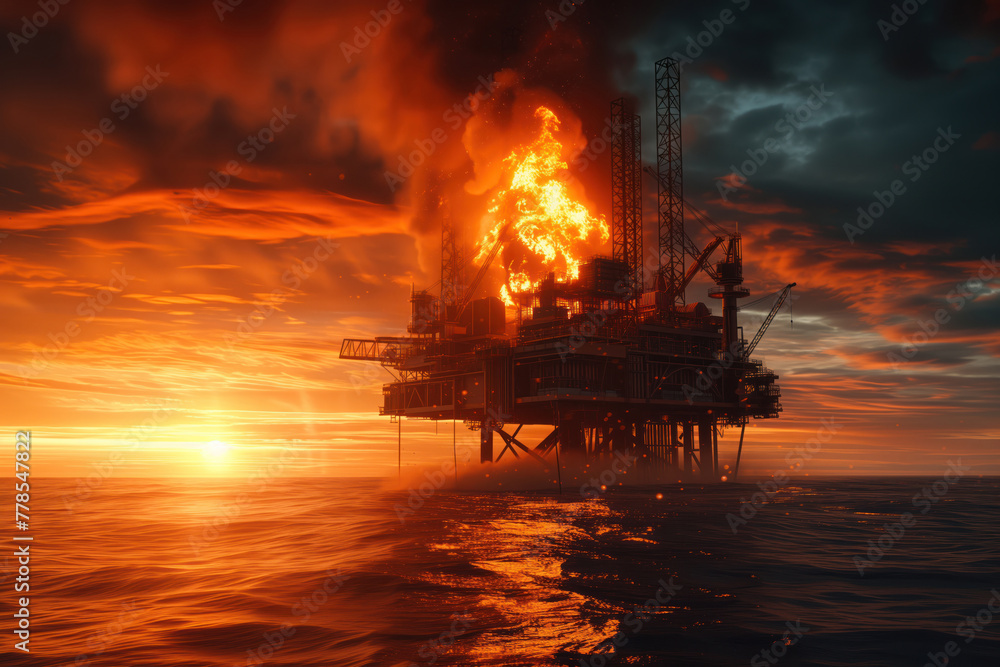 Oil rig burning accident with offshore petroleum platform fire ...