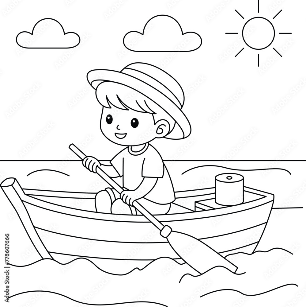 Cute kawaii Boy Kayaking Summer cartoon character coloring page vector ...