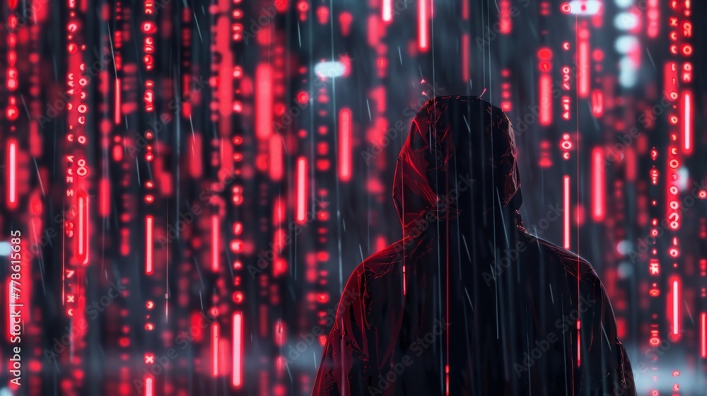 Stock-Foto „Lines of code rain down behind the hacker, some highlighted in red to represent ...