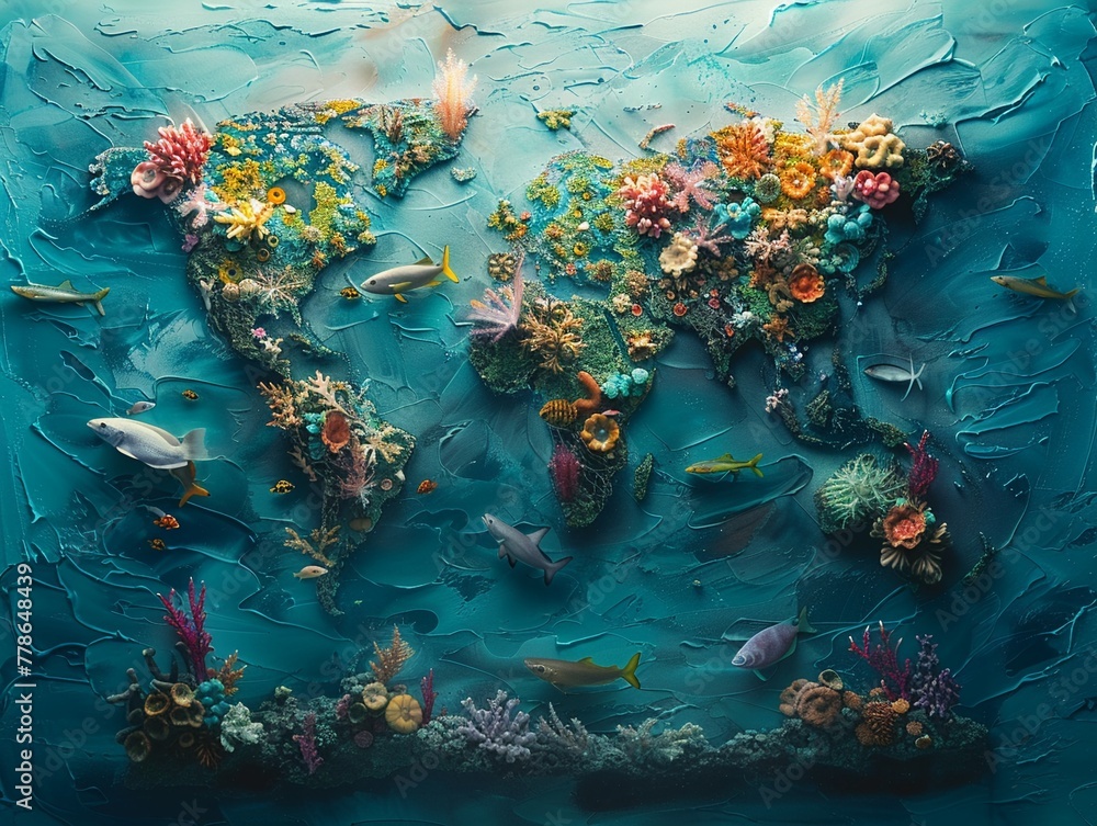 Stock-Illustration „World map tank, teeming with reef fish, on a soft ...