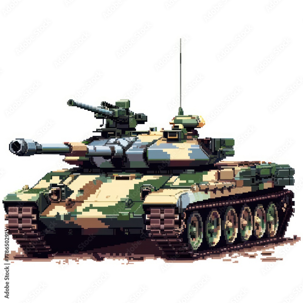 Detailed pixel art image showing a camouflaged military tank with a ...