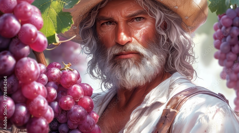 a painting of a man with long white hair and a beard holding a bunch of ...