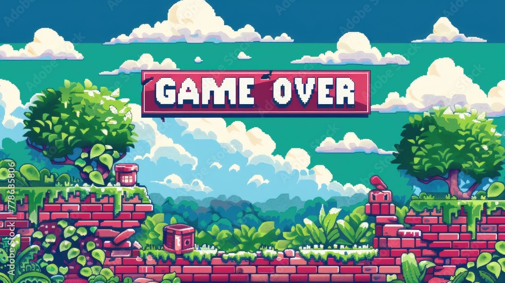 Illustration Stock Game over Pixel art design. Arcade retro banner, digital pixel 8-bit. End ...
