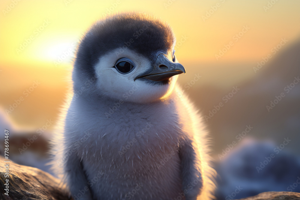 Penguin chick, flipper up as if greeting, close-up, warm light, hyper ...