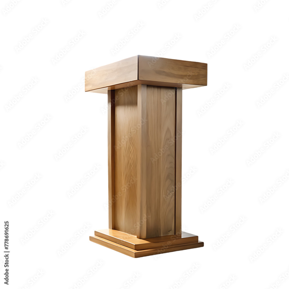 Conference lectern made of reddish wood with microphone isolated on a ...